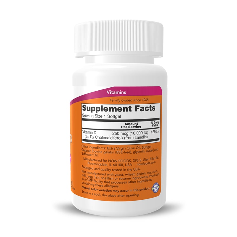NOW Foods, Vitamine D3, Haute efficacité, 10 000 UI, 180 cap ...